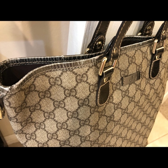 Gucci | Bags | Authentic Gucci Logo Canvas Leather Tote | Poshmark